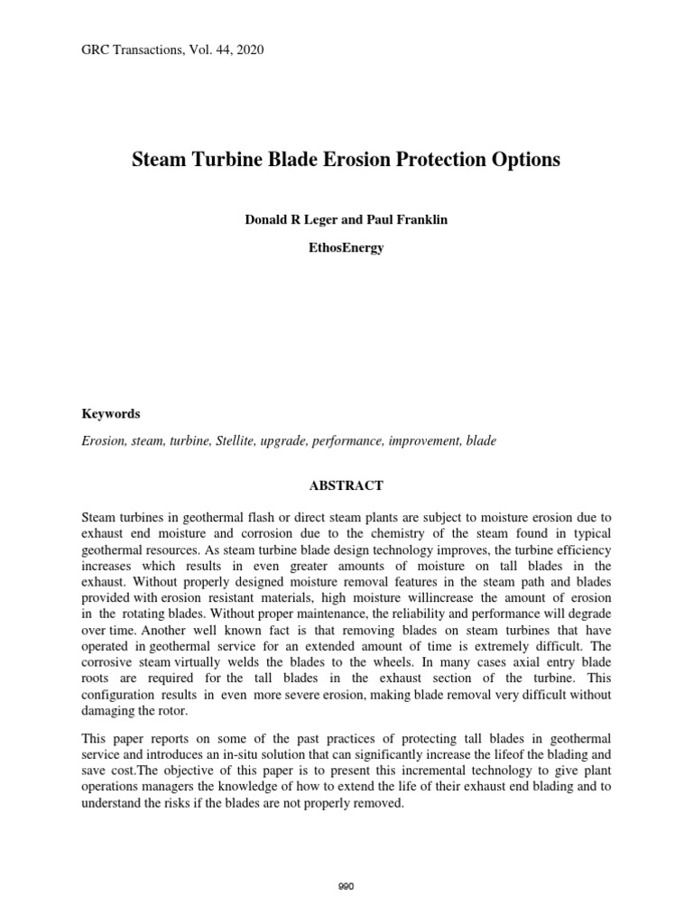 Steam Turbine Blade Erosion Protection Options: Donald R Leger and Paul ...