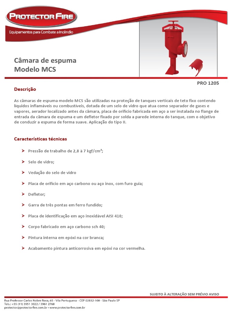 Câmara de Espuma Modelo MCS: Especificações | PDF | Materiais | Química