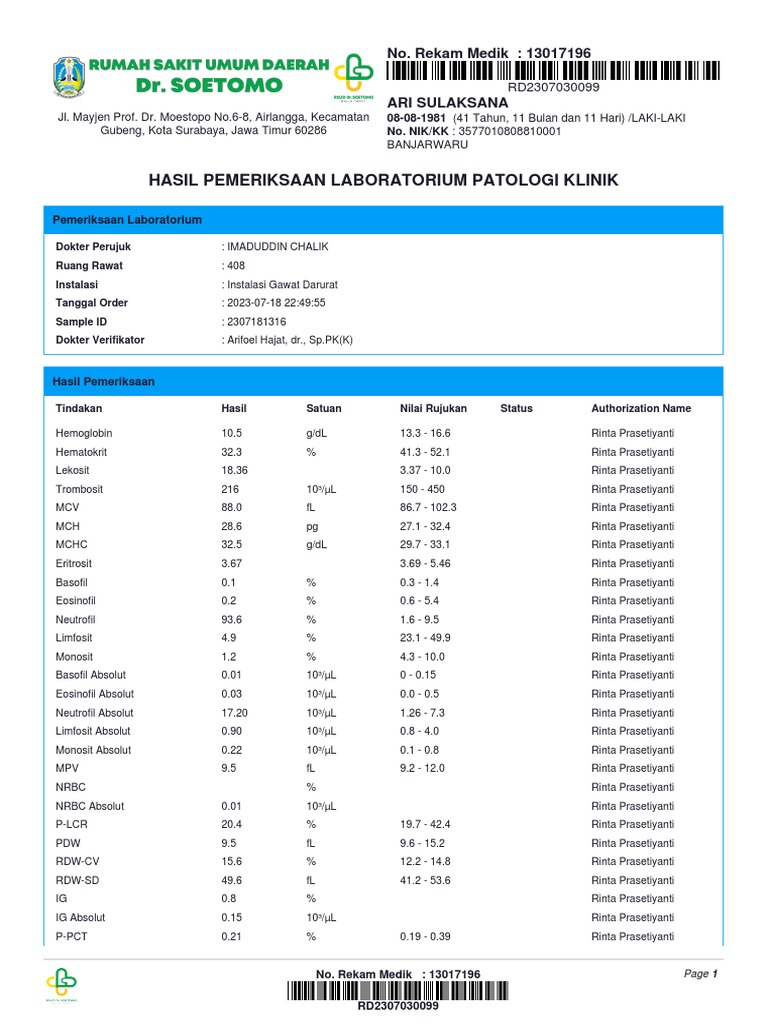 Hasil Pemeriksaan Laboratorium Patologi Klinik: No. Rekam Medik: 13017196 | PDF