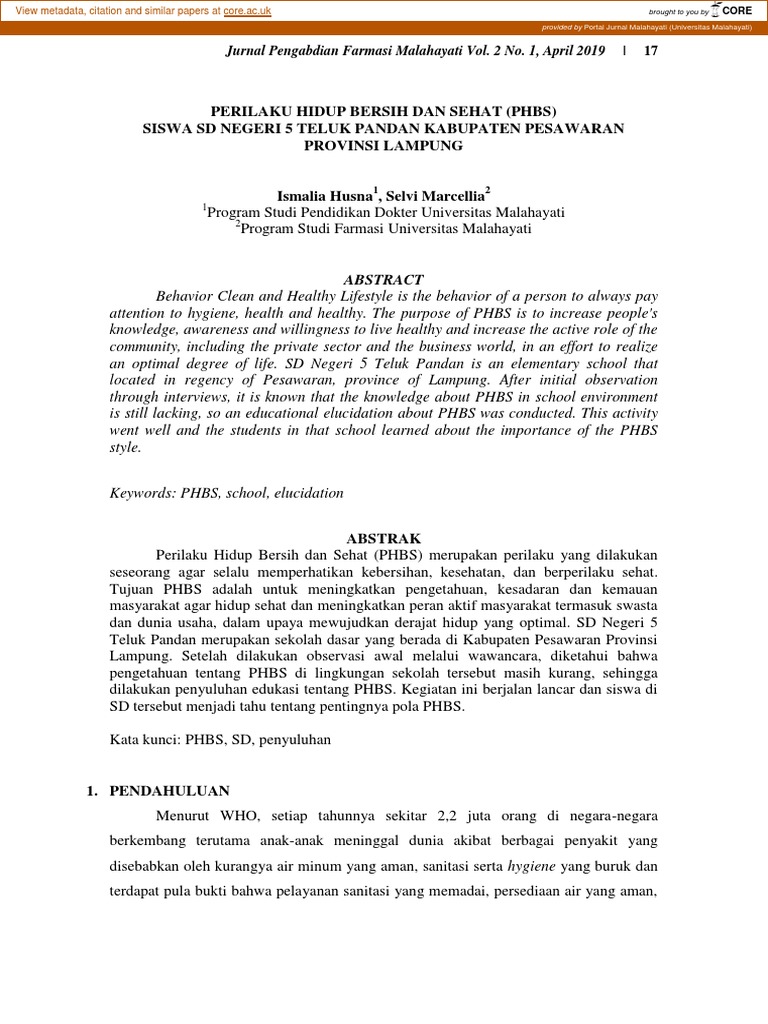 Perilaku Hidup Bersih Dan Sehat (PHBS) Siswa SD Negeri 5 Teluk Pandan Kabupaten Pesawaran ...