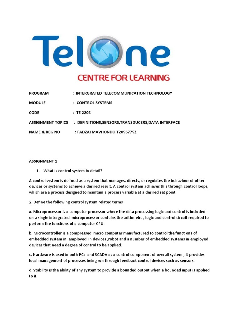 Fadzai Mavhondo Control System Assignment 1 | PDF | Sensor | Automation