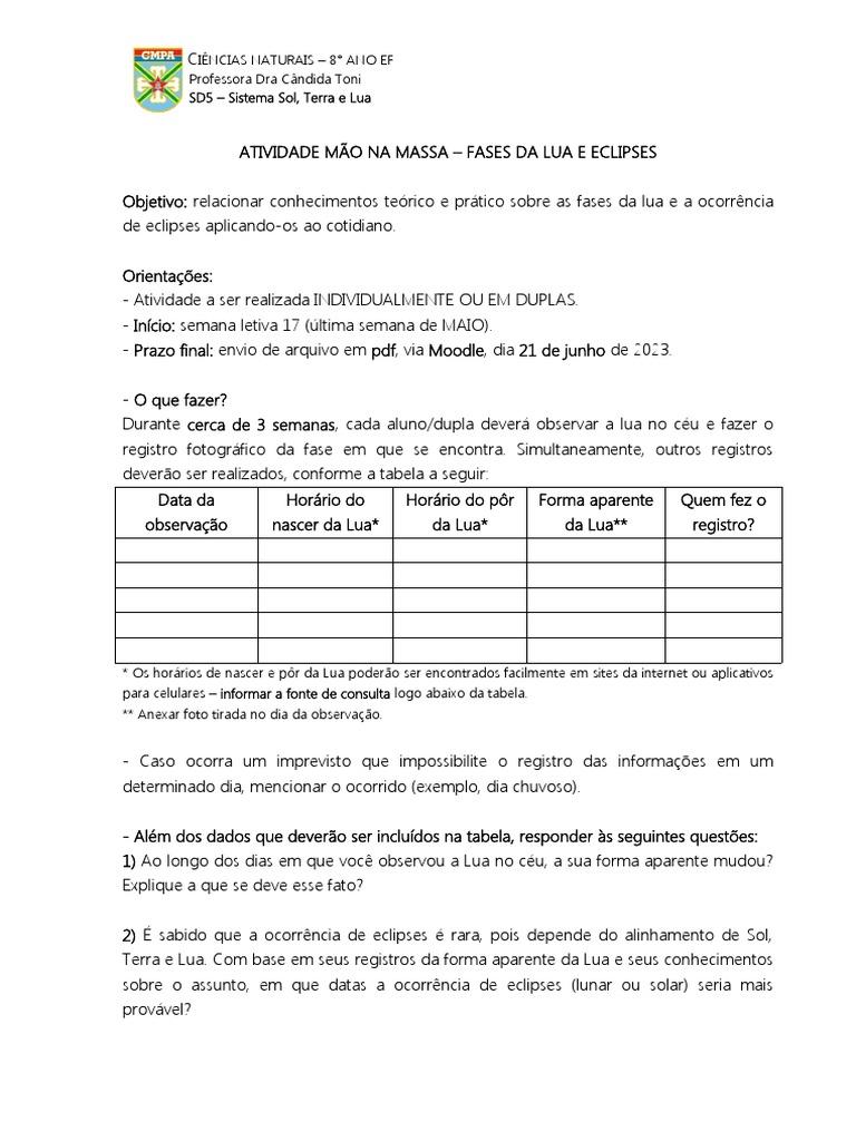 Atividade Fases Da Lua e Eclipses | PDF
