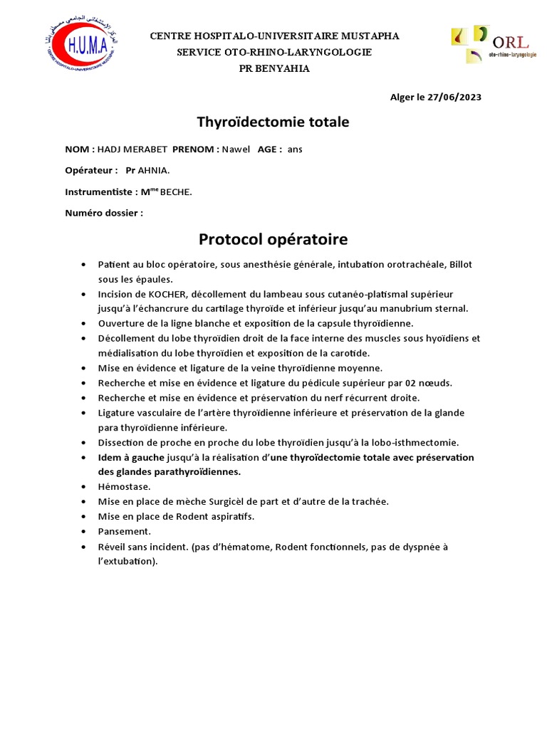 Thyroïdectomie totale : Procédure détaillée | PDF