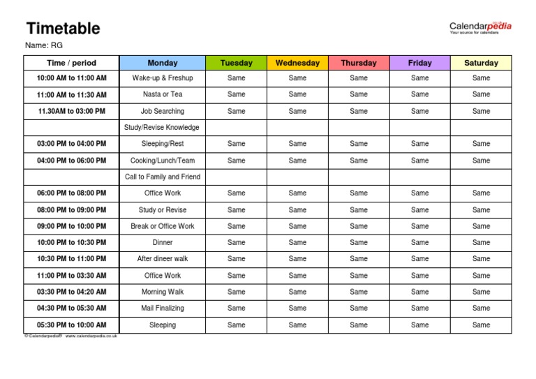 Timetable Monday To Saturday in Colour | PDF