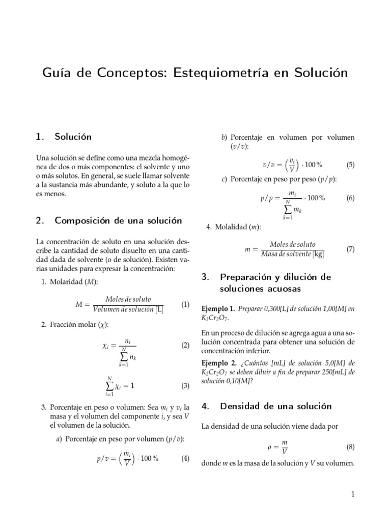 Estequiometría de Soluciones Químicas | PDF | Concentración | Materiales