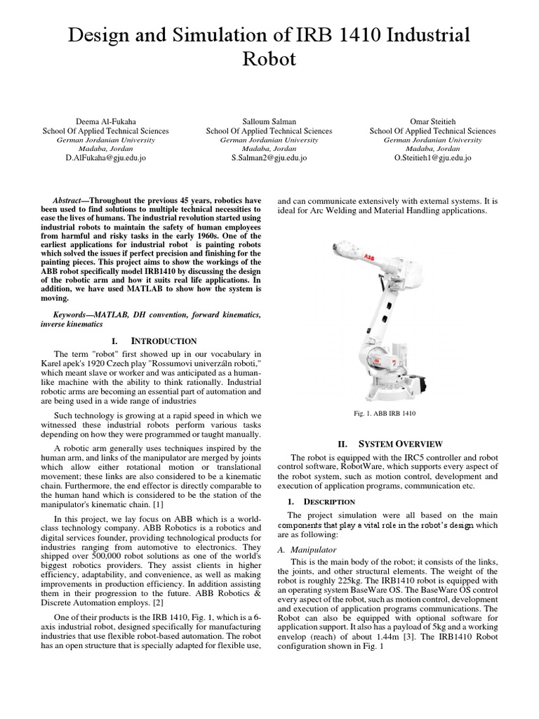 Design and Implementation of ABB - IRB - 1410 Industrial Robot | PDF