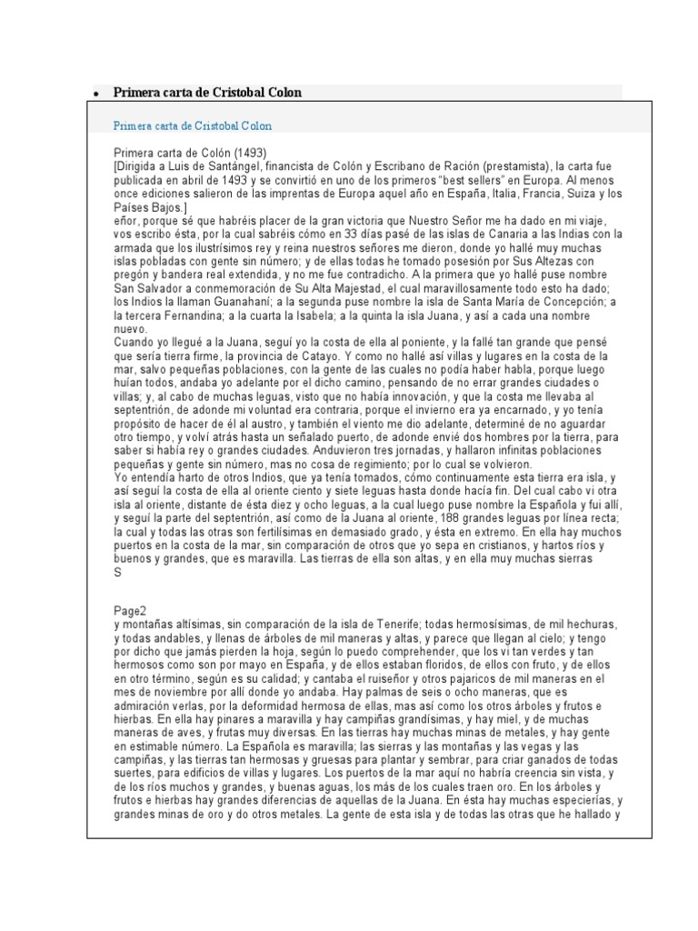 Primera Carta de Cristobal Colon | PDF