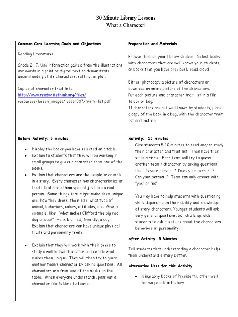 30 Minute Library Lessons What A Character!: Common Core Learning Goals ...