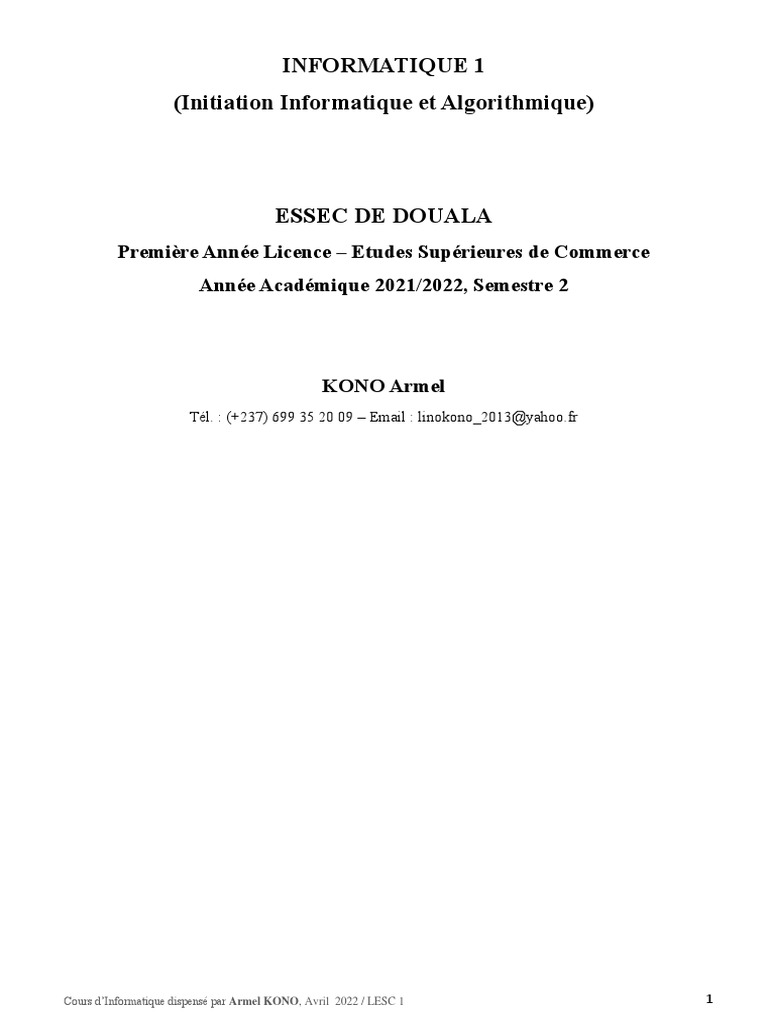 Cours Informatique - LESC 1 - ESSEC DLA 2022 - S2-1 | PDF