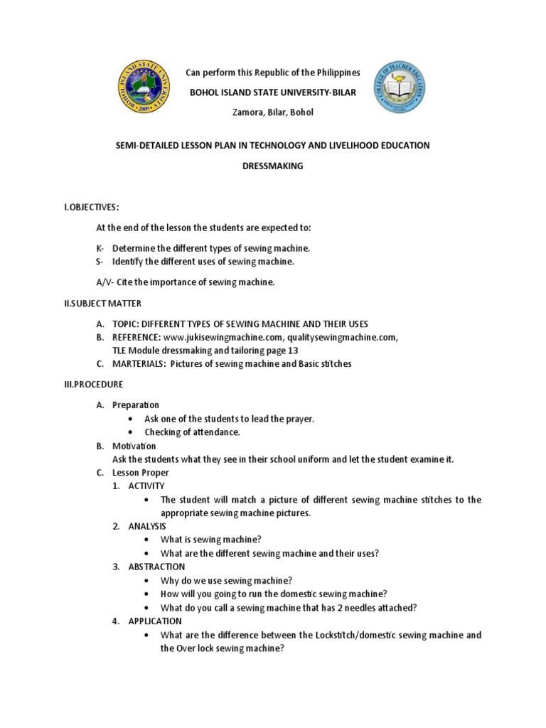 Lesson Plan | PDF | Sewing Machine | Sewing Lesson Plan | PDF | Sewing Machine | Sewing
