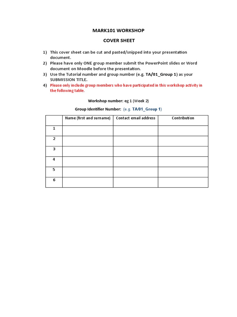 Mark101 Workshop Cover Sheet | PDF