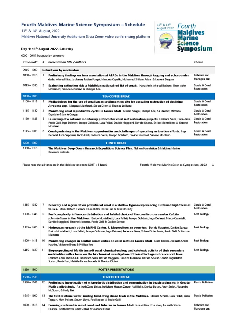 Fourth Maldives Marine Science Symposium Schedule of Presentations | PDF