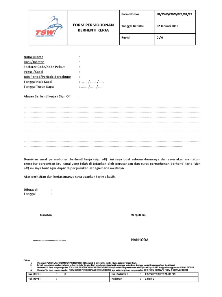 Surat Permohonan Berhenti Kerja (Sign Off) | PDF