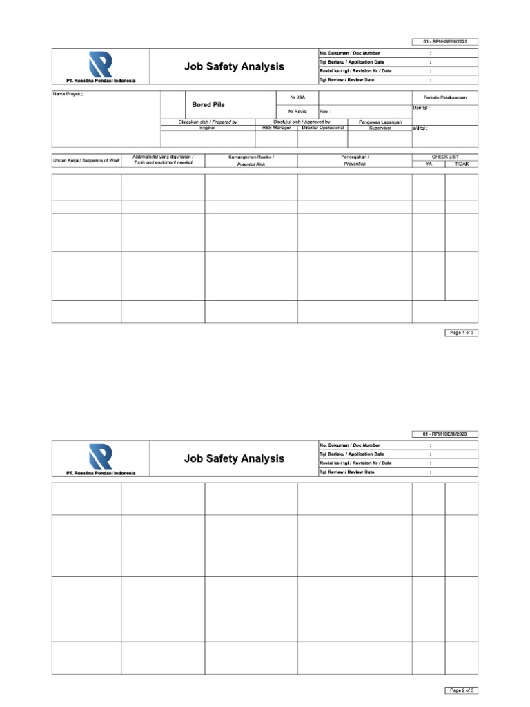 JSA BORE PILE PT RPI (Form Kosong) | PDF