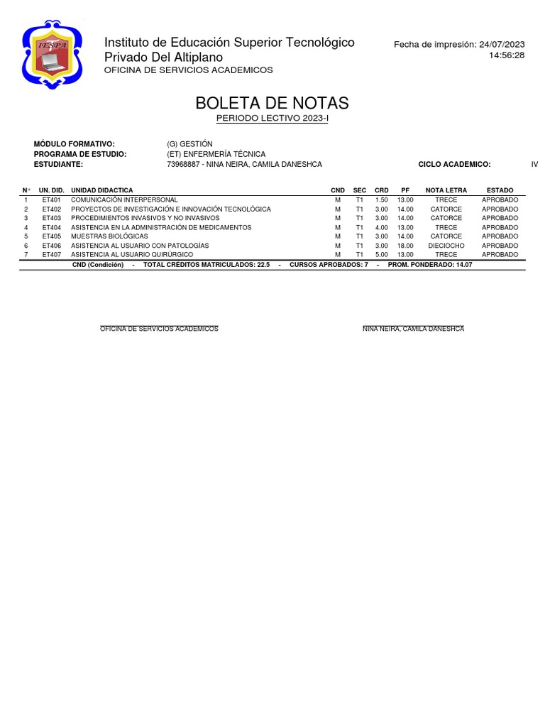 Boleta de Notas | PDF