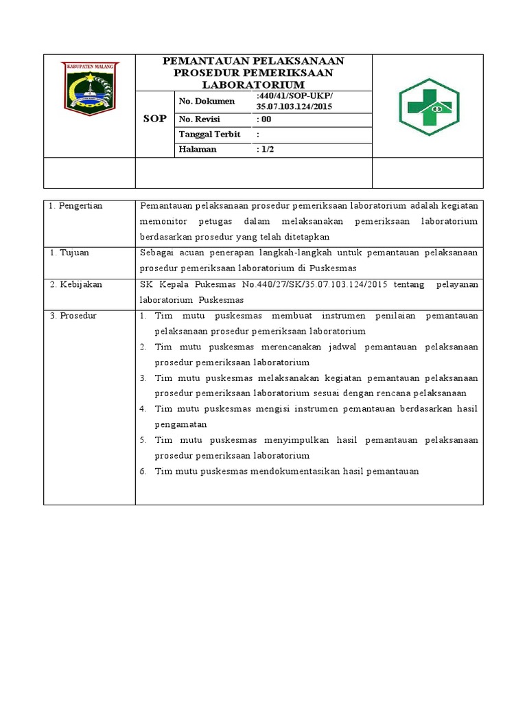 SOP Pemantauan Pelaksanaan Prosedur Pemeriksaan Lab OK | PDF
