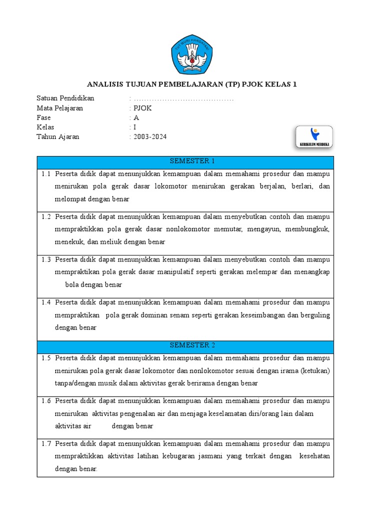 02 Tujuan Pembelajaran (TP) Pjok Kumer Kelas 1 | PDF