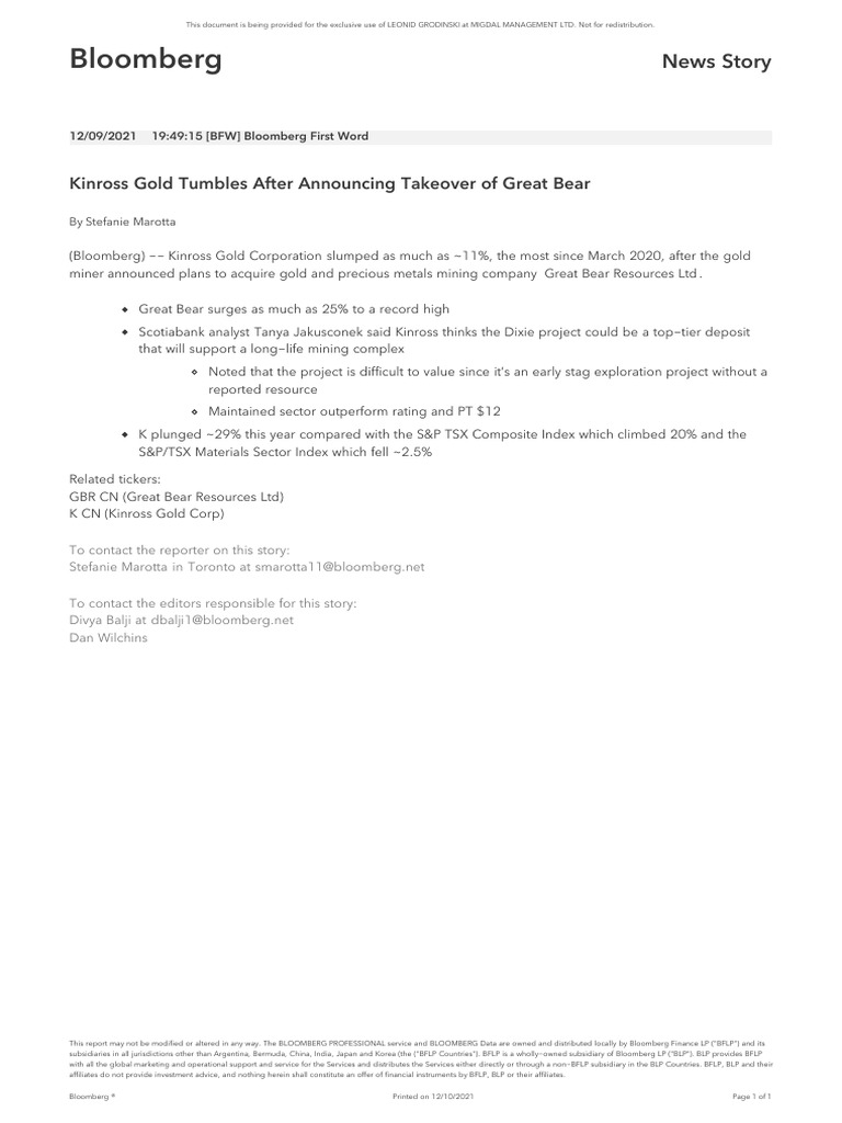 Kinross Gold Tumbles After Ann | PDF | Bloomberg L.P. | Economies