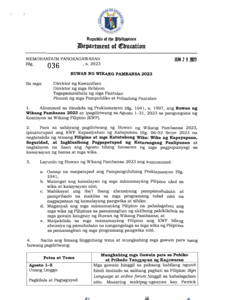 DM - s2023 - 036 Deped Memorandum Buwan NG Wika | PDF