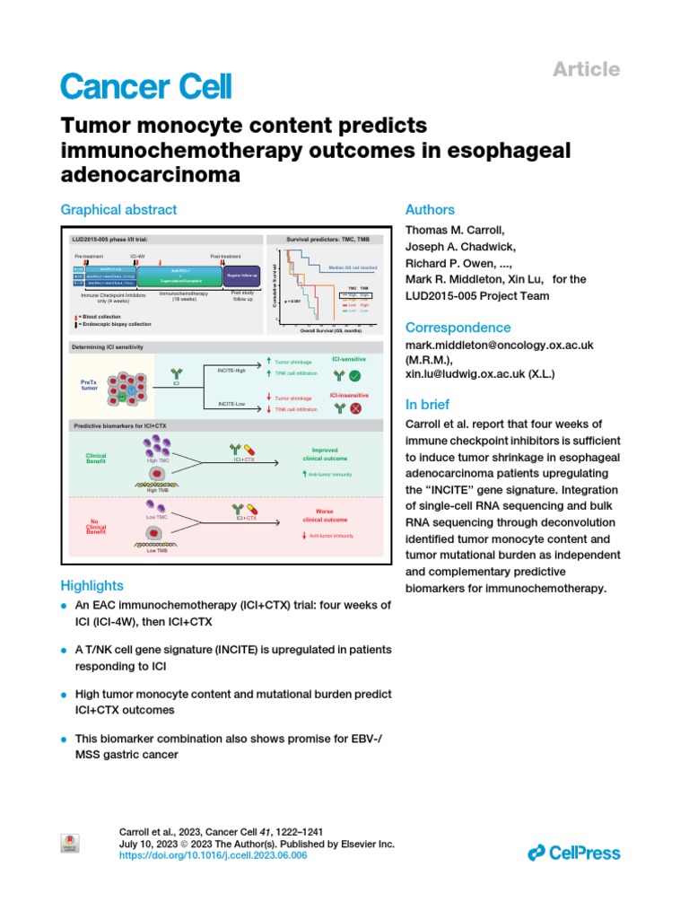 Tumor Monocyte Content Predicts Immunochemotherapy | PDF | Esophageal ...