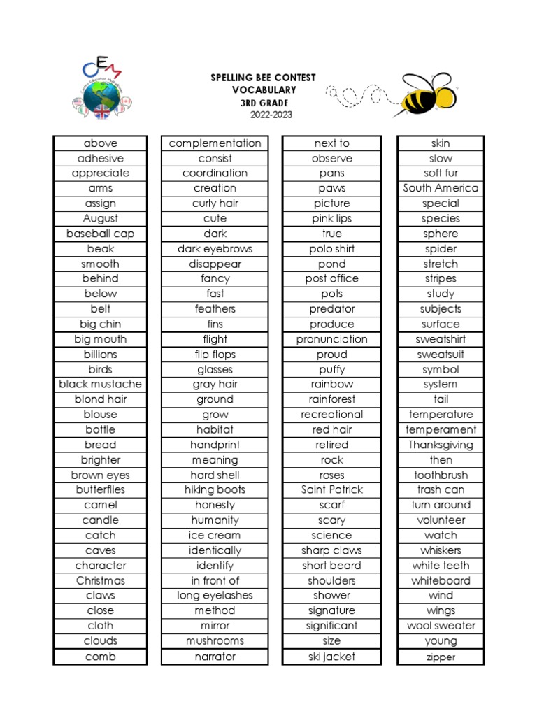 CEM LP 3rd Grade Spelling Bee Vocabulary 2022 2023 - R | PDF | Hair