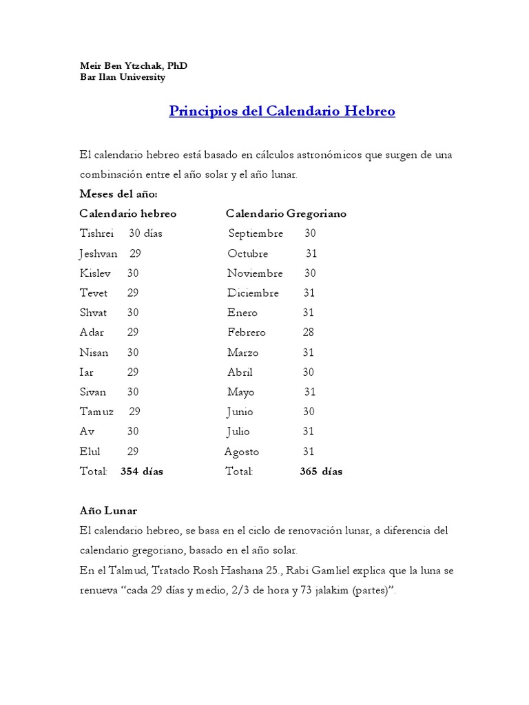 Comparativa de Calendarios Hebreo y Gregoriano | PDF | Calendario ...
