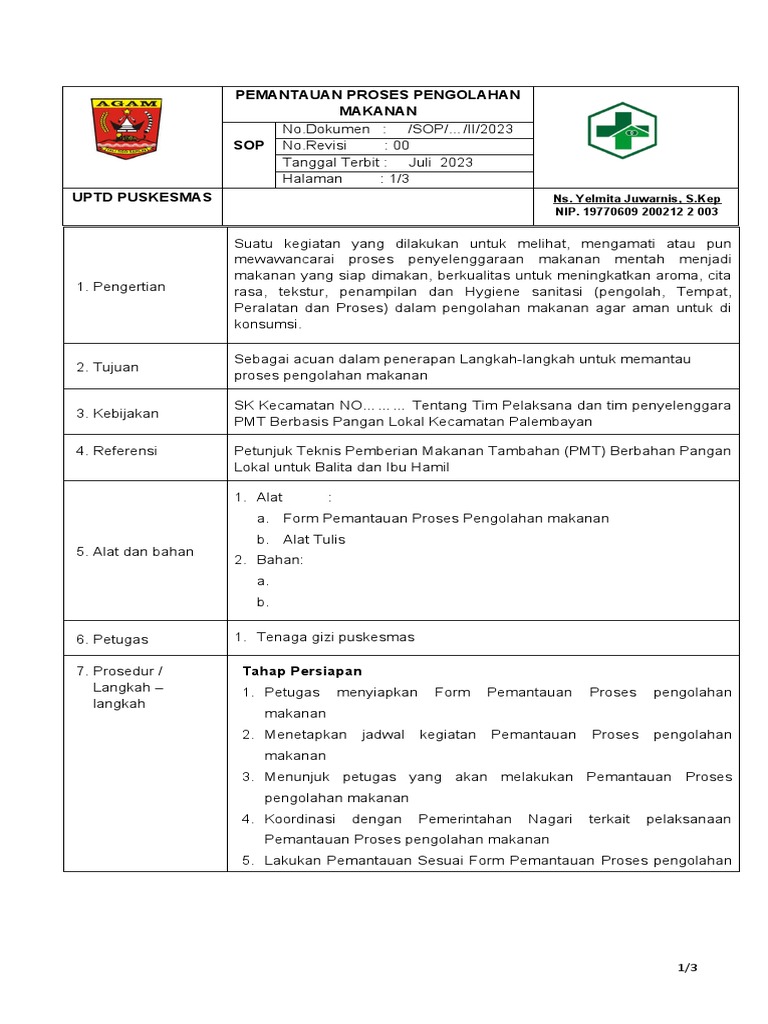 Sop Pemantauan Proses Pengolahan Makanan | PDF