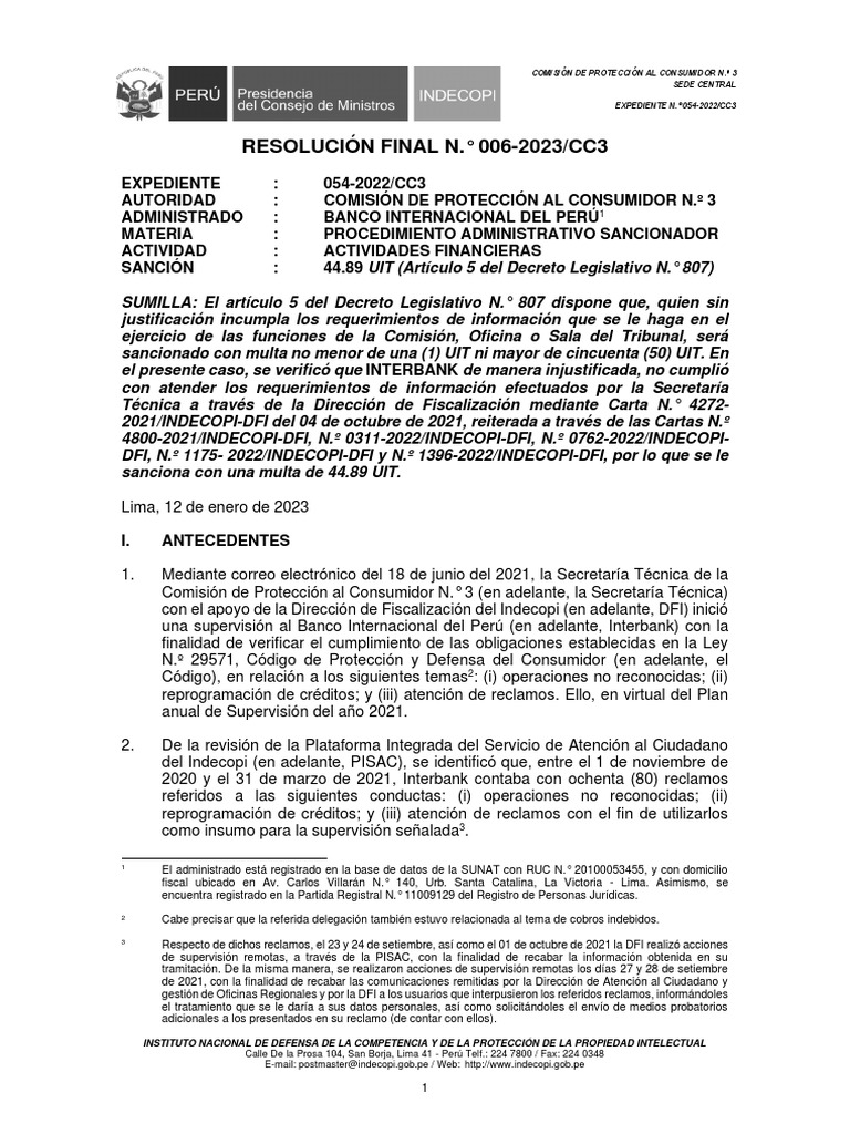 RESOLUCIÓN FINAL N.° 006-2023/CC3: Comisión de Protección Al Consumidor ...