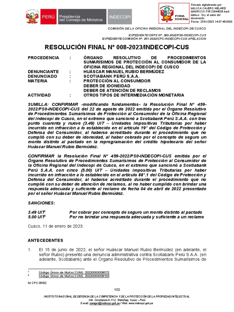 Resolución Final #008-2023/Indecopi-Cus: Código Único de Multa (CUM) : Código Único de Multa ...