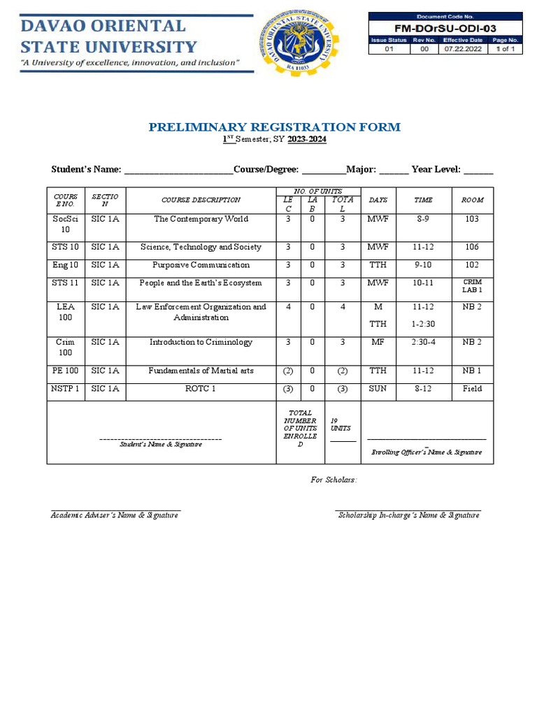 AFM DOrSU ODI 03 Preliminary Registration Form | PDF