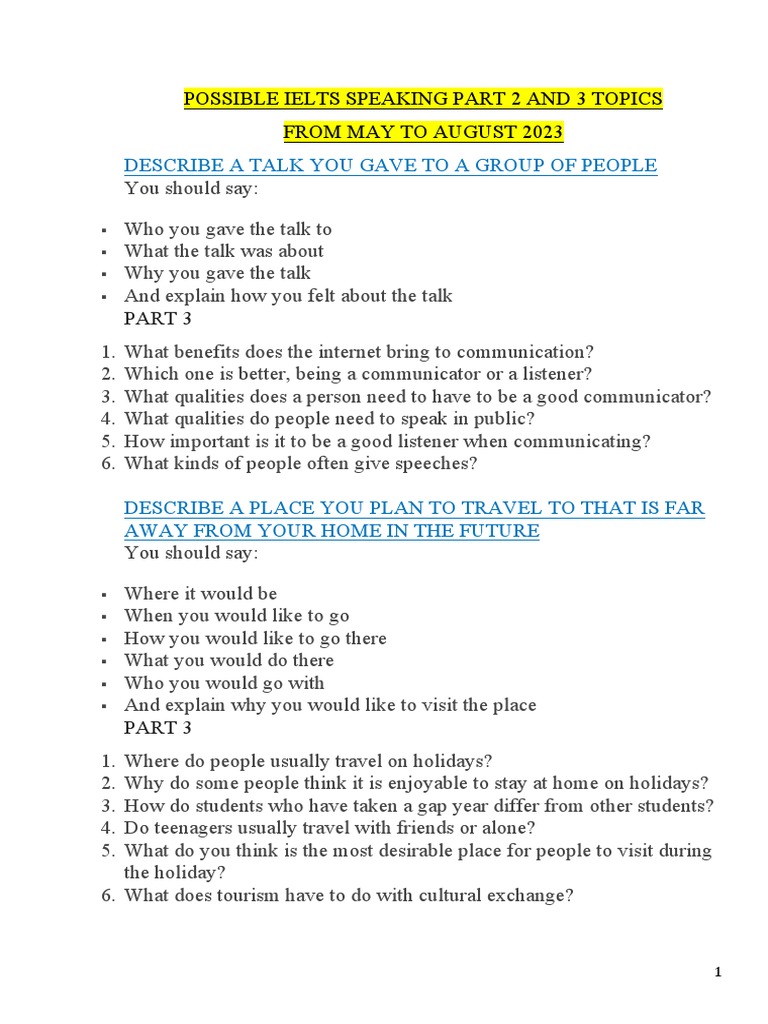Possible Ielts Speaking Part 2 and 3 Topics | PDF