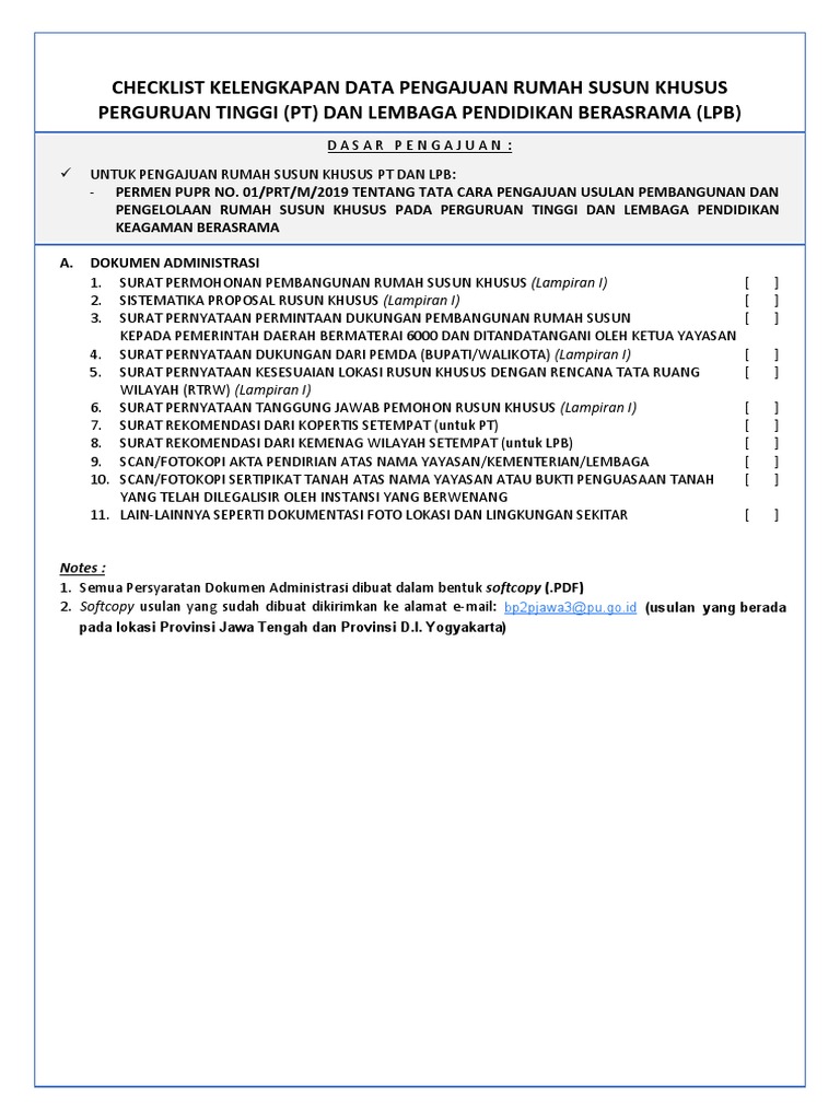 Checklist Kelengkapan Data Pengajuan Rumah Susun PT & Ponpes | PDF