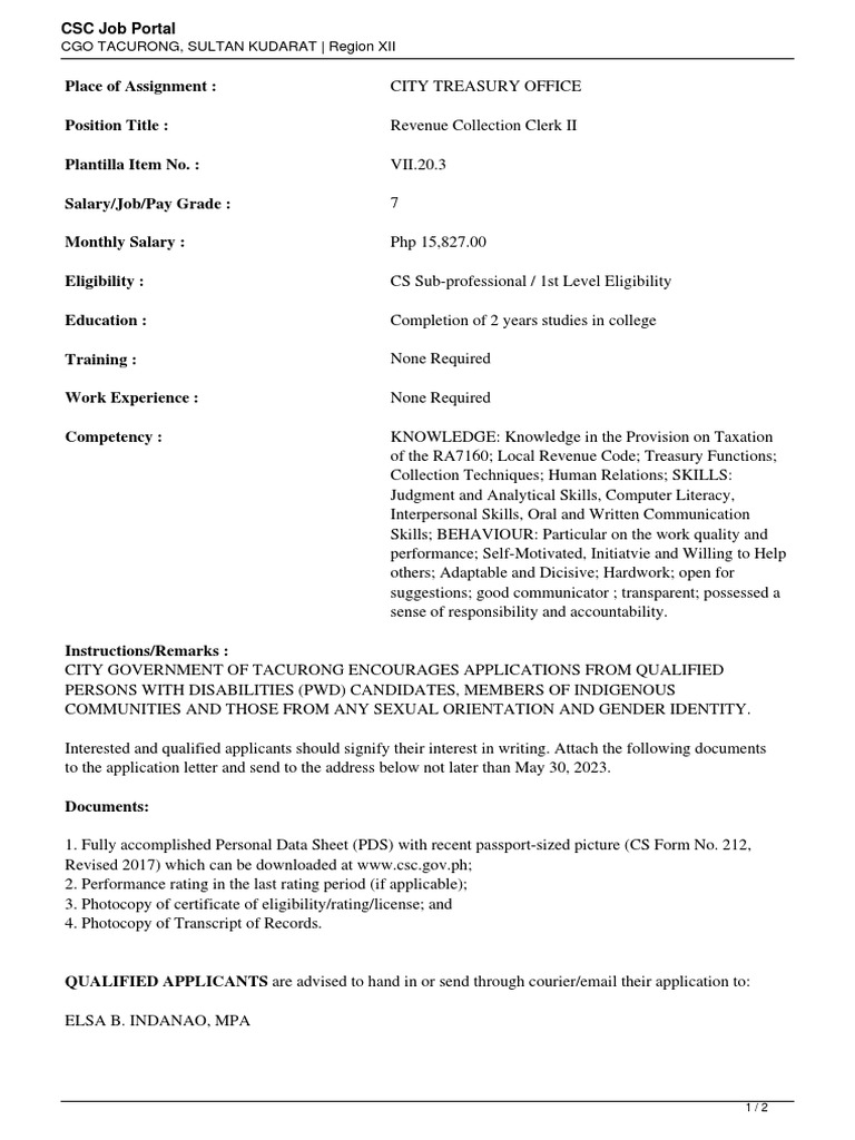 CGO TACURONG SULTAN KUDARAT-Revenue Collection Clerk II | PDF | Career ...