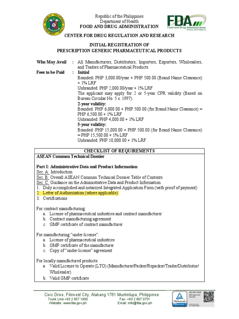 Initial Registration of Prescription Generic Pharmaceutical Products | PDF | Pharmaceutical ...