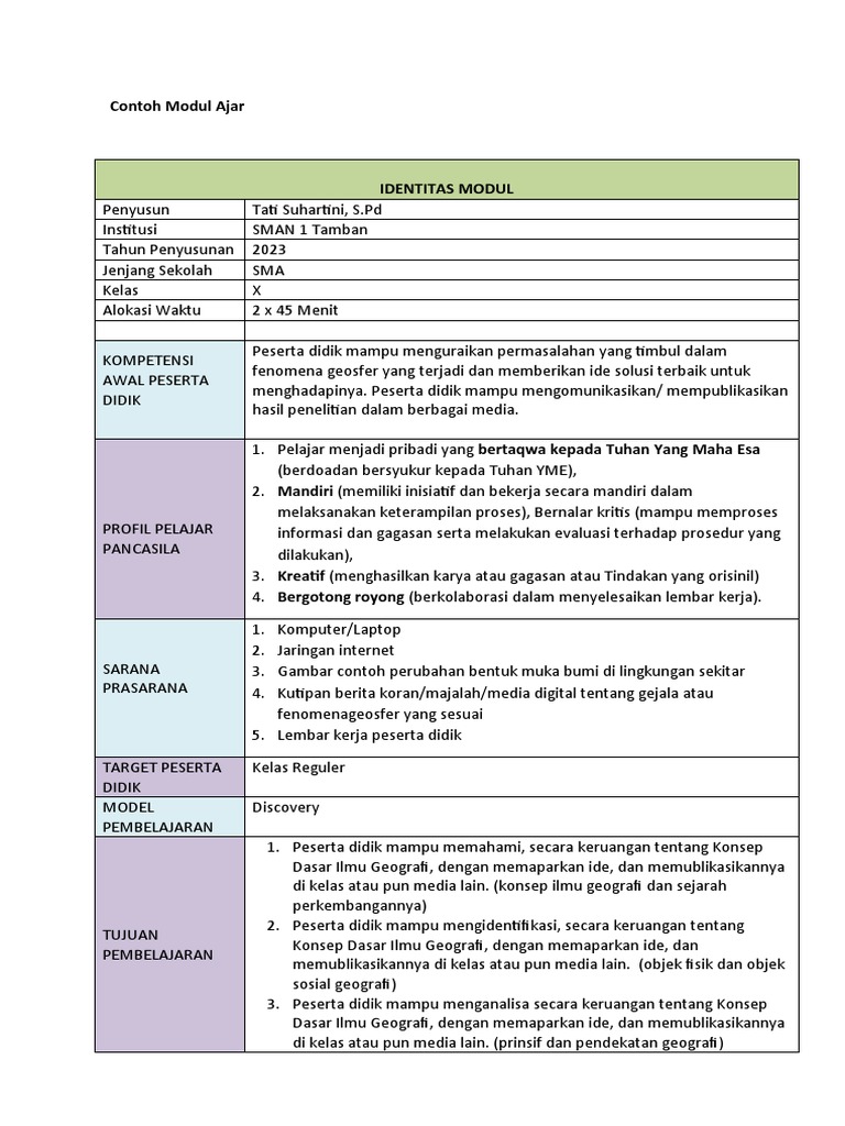 Contoh Modul Ajar Geografi SMA | PDF