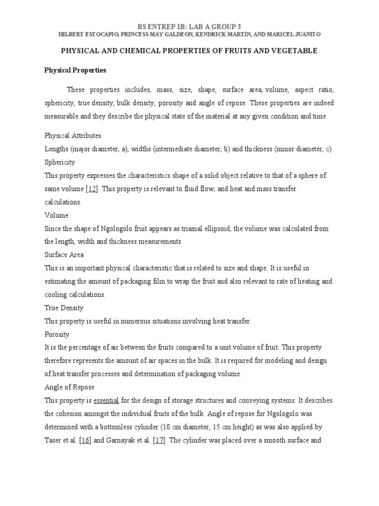 Physical and Chemical Properties of Fruits and Vegetable | PDF ...