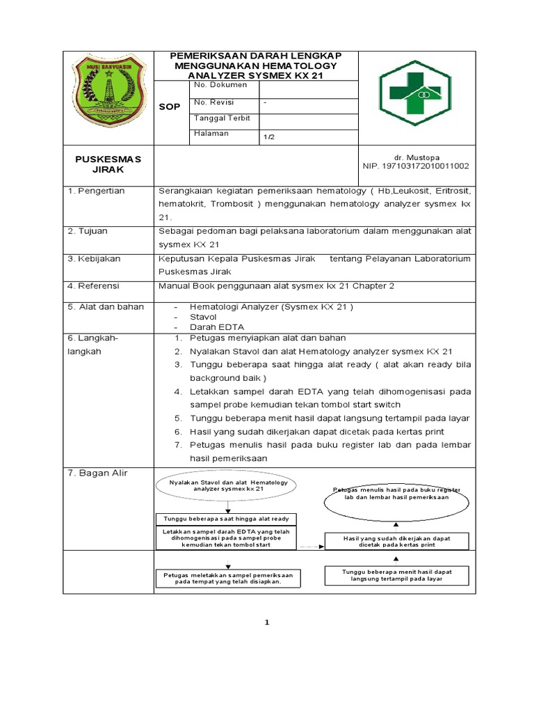 Sop Pemeriksaan Darah Lengkap Menggunakan Hematology Analyzer Sysmex KX 21 | PDF