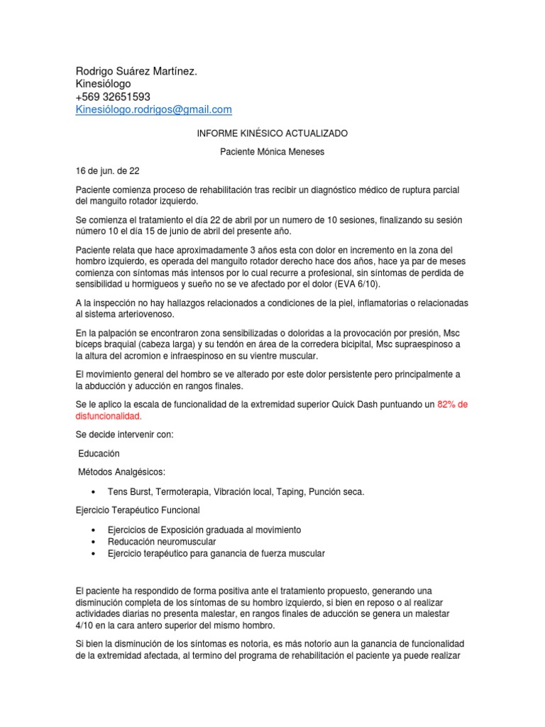 Informe Kinesico Monica Meneses | PDF | Hombro | Causas de la muerte