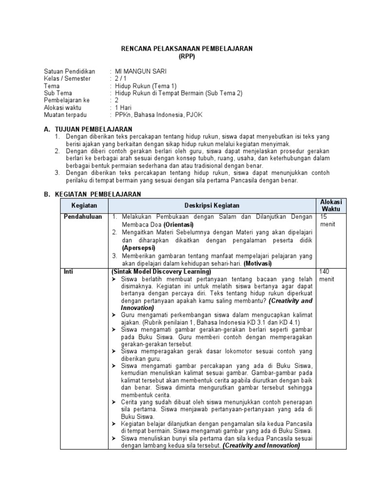 Contoh RPP 1 Lembar Kelas 2 Tema 1 Sub Tema 2 | PDF