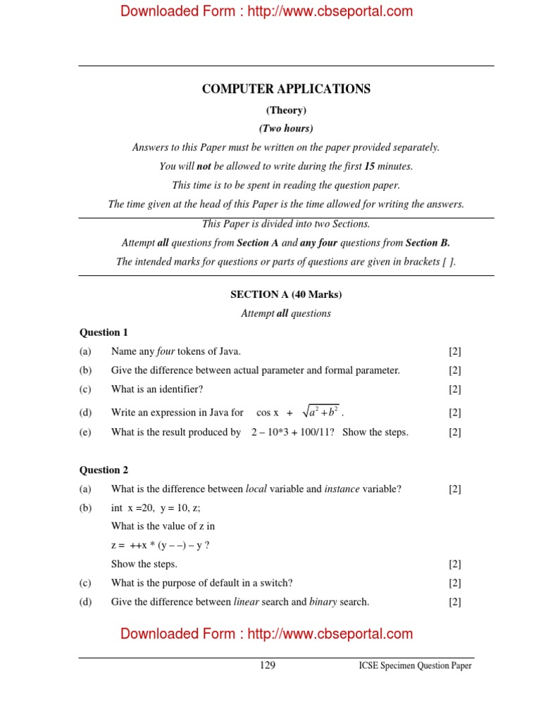 ICSE Class 10 Computer Applications Question Paper 2012 | PDF | Parameter (Computer Programming ...