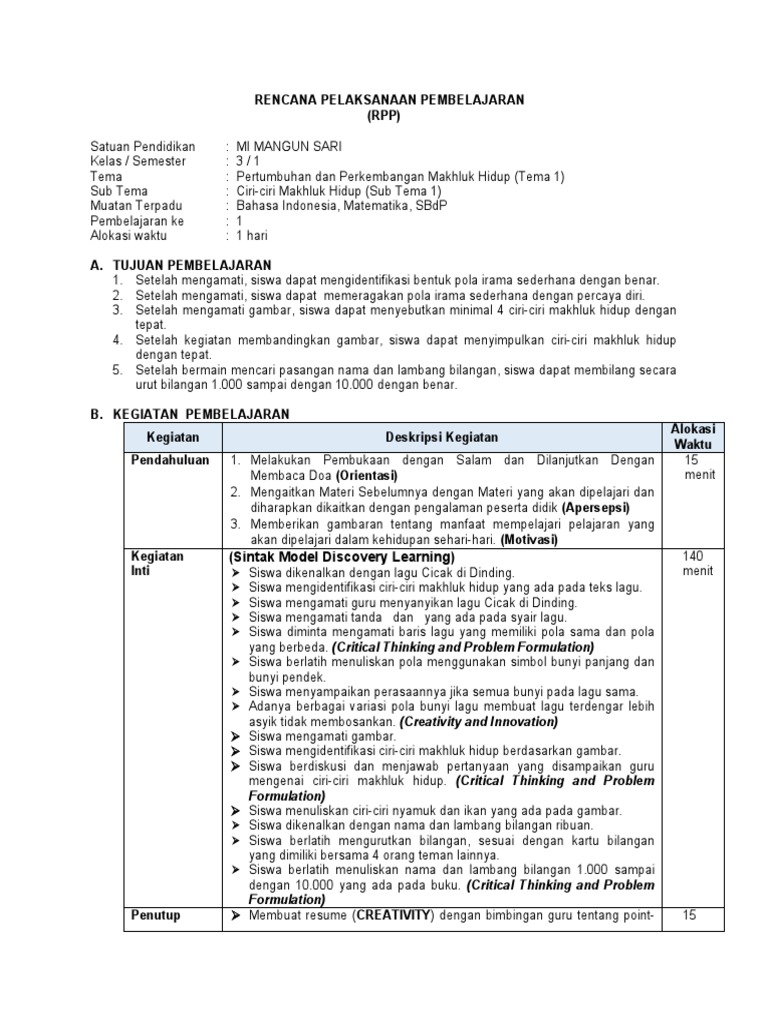 Contoh RPP Kelas 3 Tema 1 Subtema 1 | PDF