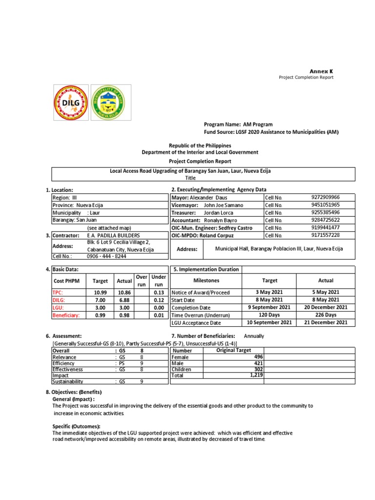 Project Completion Report: Barangay San Juan | PDF | Monitoring And ...