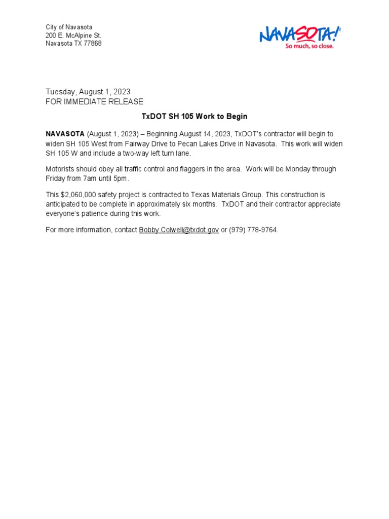 TxDOT To Begin Widening SH 105 This Month in Grimes County | PDF