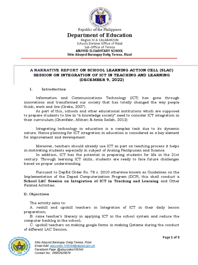 Narrative-Report-on-SLAC-ICT INTEGRATION IN EDUCATION | PDF | Educational Technology | Teachers