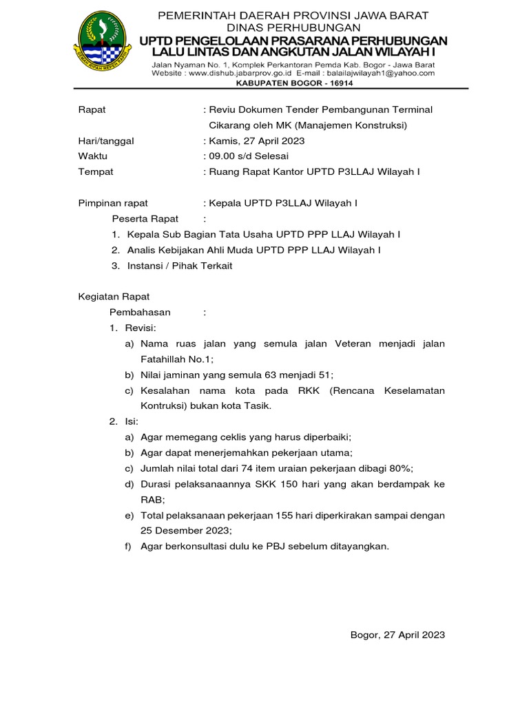 Notulensi Rapat Reviu Dokumen Tender Pembangunan Terminal | PDF