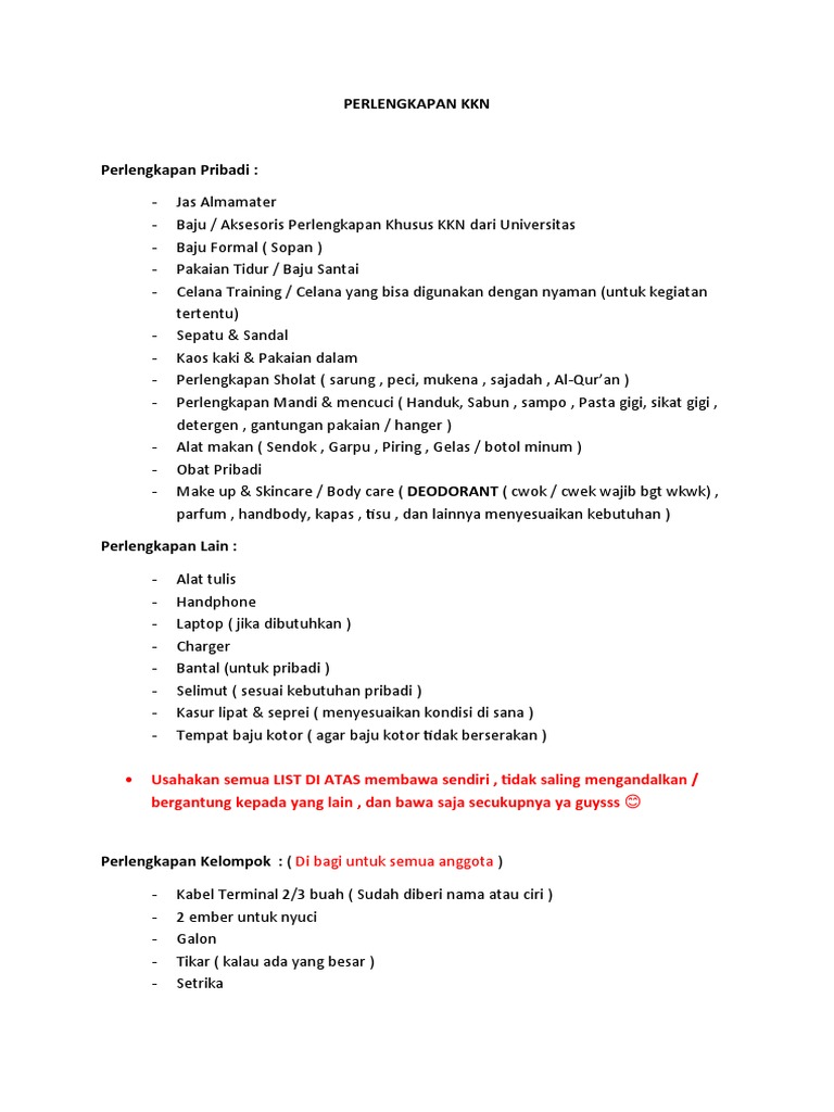 Perlengkapan KKN | PDF