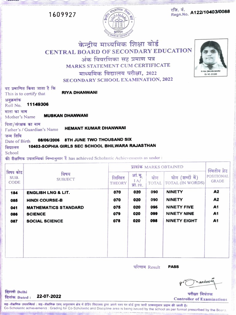 CBSE Class 12 Marksheet for Riya Dhanwani | PDF
