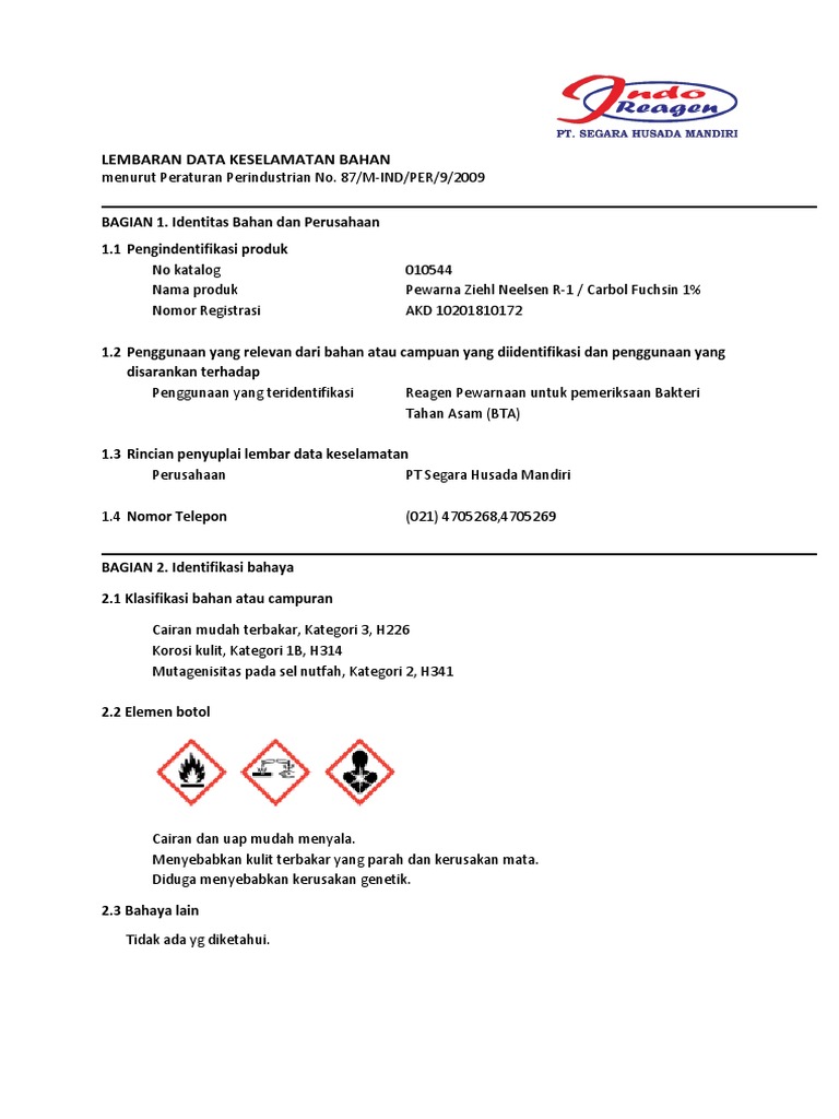 MSDS Indoreagen Pewarna Ziehl Neelsen Carbol Fuchsin 1 | PDF