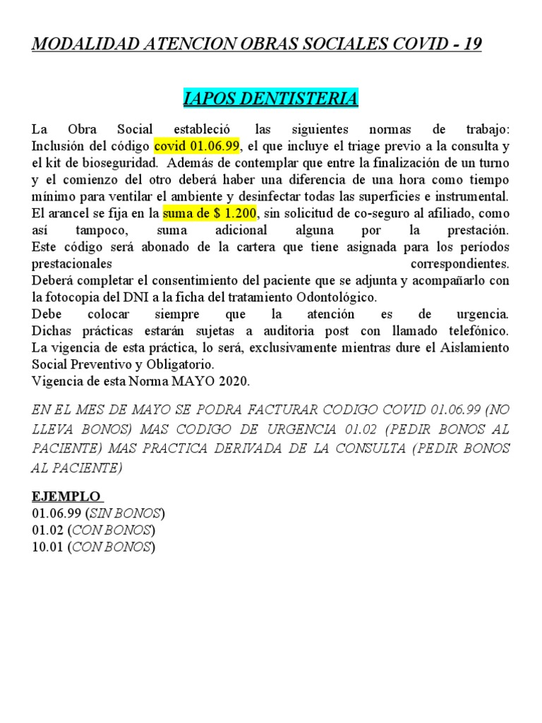 Modalidad Atencion Obras Sociales Covid - 19 Iapos Dentisteria | PDF