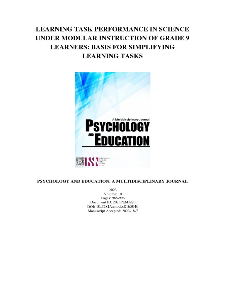 Learning Task Performance in Science Under Modular Instruction of Grade ... Learning Task Performance in Science Under Modular Instruction of Grade ...